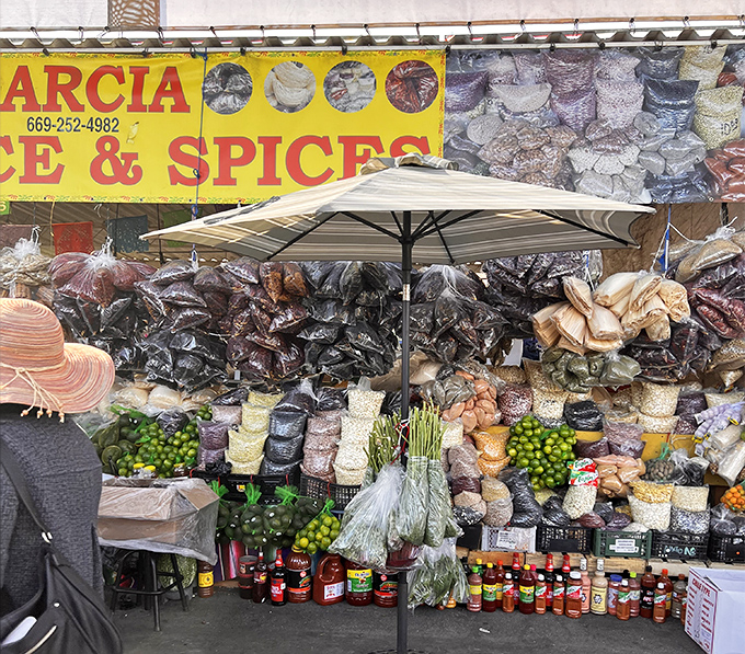 Dried chiles hang like aromatic curtains while spices promise to transform your kitchen into something spectacular tonight.