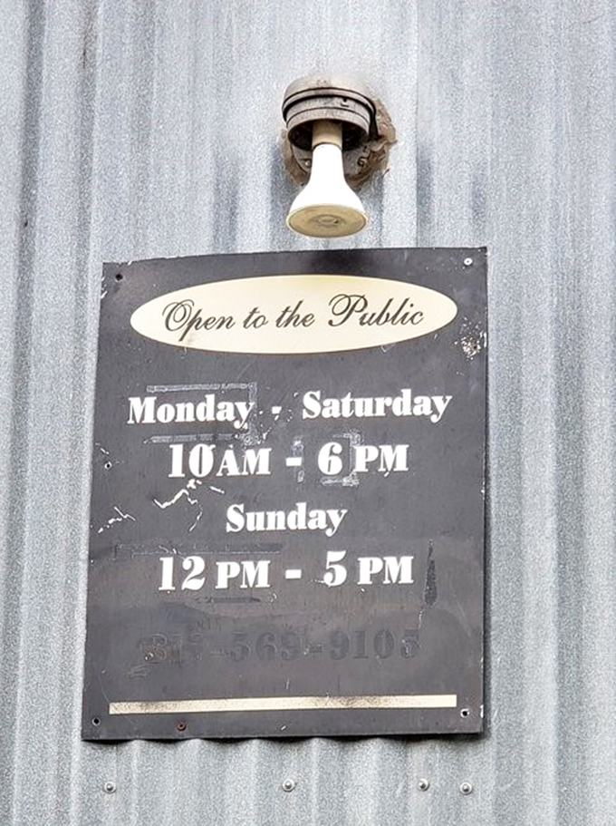Even the hours sign has vintage charm&mdash;because when you're selling nostalgia, why not deliver the message on a perfectly weathered metal canvas?