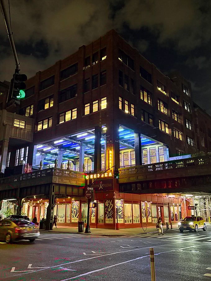 As night falls, Chelsea Market transforms into an urban jewelry box, with Artists & Fleas as its crown jewel glowing from within.