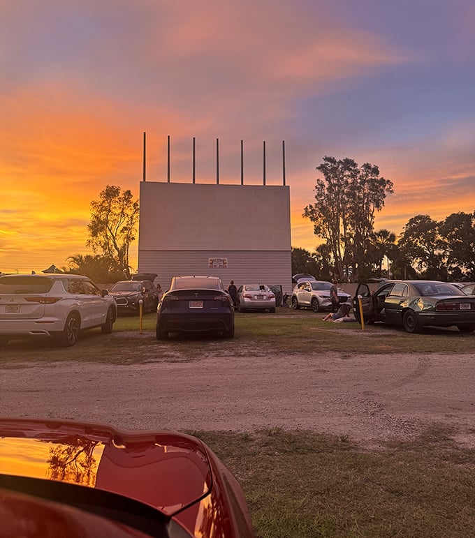 Golden hour at the drive-in—that magical moment when the day's last light silhouettes cars and creates anticipation as palpable as the Florida humidity.