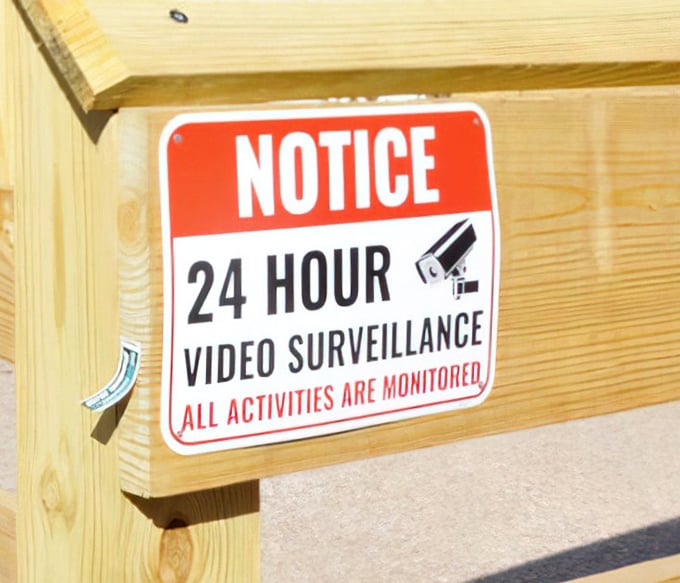 Close-up of the surveillance notice—even historic landmarks need security in the selfie era, though I doubt horse thieves were this well monitored.