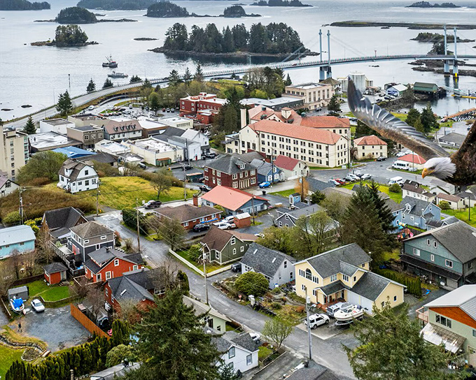 From above, Sitka reveals its perfect balance—a patchwork of colorful homes nestled between the uncompromising wilderness and the vast Pacific.