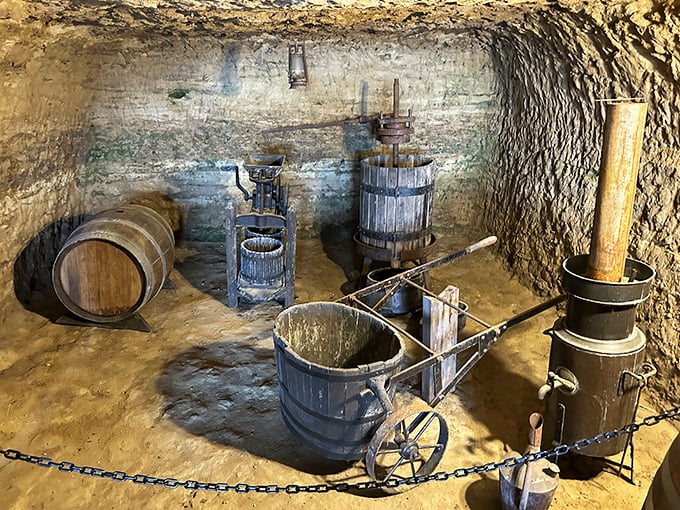 Vintage winemaking equipment preserved like museum pieces, reminding us that great wine required serious arm muscles back then.