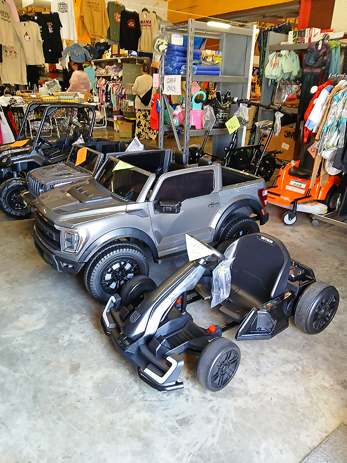 Kid-sized luxury vehicles parked next to practical mowers &ndash; where childhood dreams meet adult responsibilities.