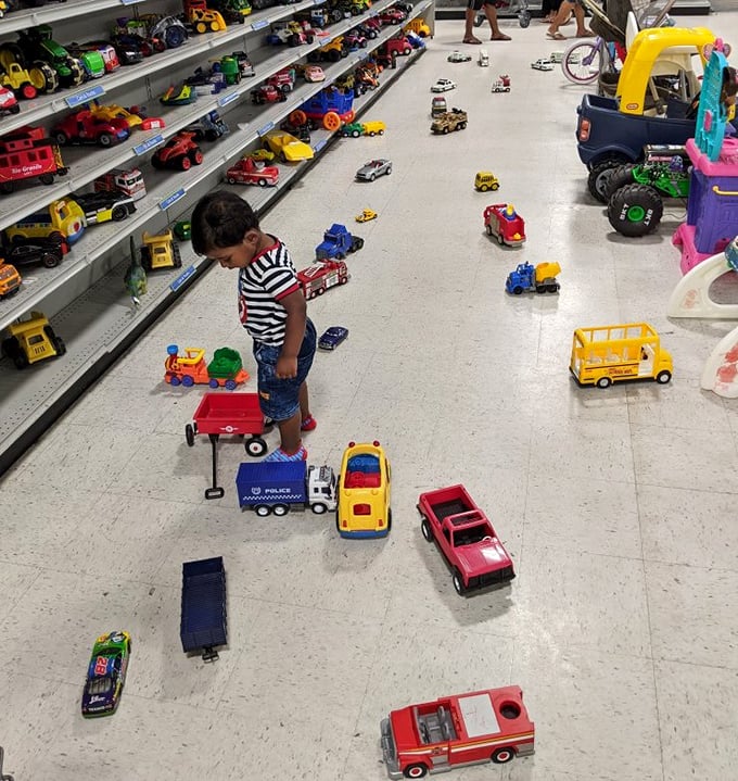 Where toy stories begin their second chapter. This little explorer has discovered that yesterday's playthings make today's affordable adventures.