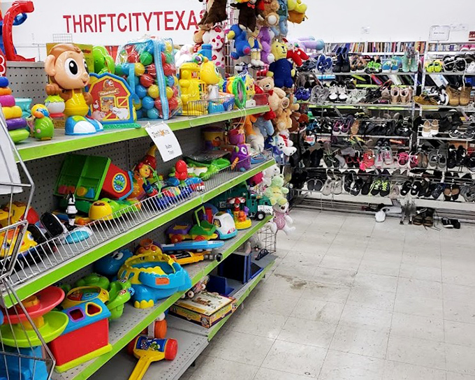 Colorful toys spill from shelves while shoes stand at attention nearby - childhood joy meets practical footwear in perfect harmony.
