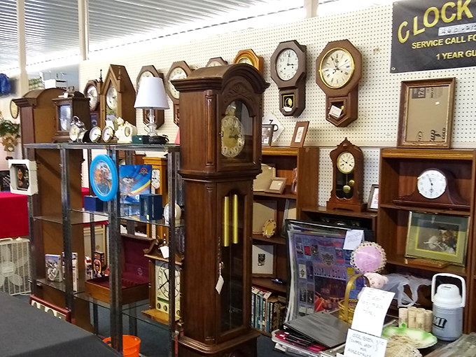 Time literally stands still in this corner. Grandfather clocks that have witnessed decades of family dinners silently wait for new homes.