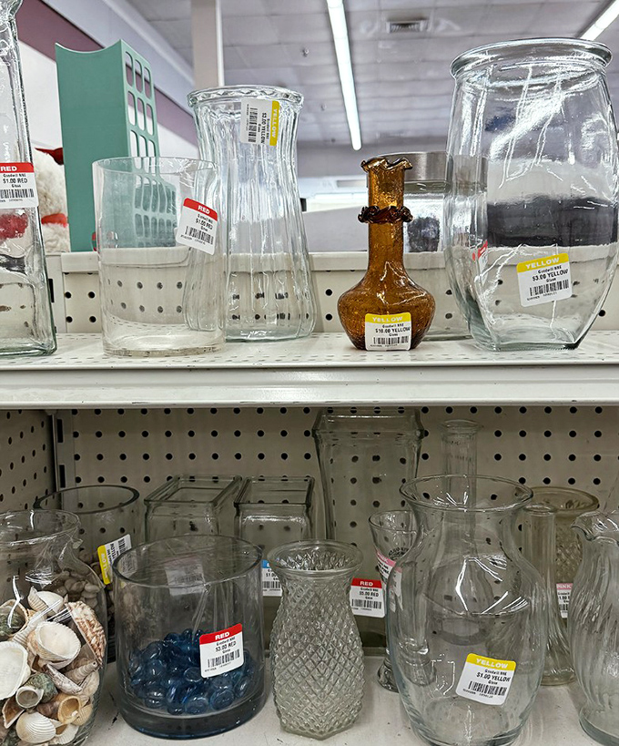 Vases of every shape waiting for their flower-filled future. That amber bottle particularly has "Pinterest project" written all over it.