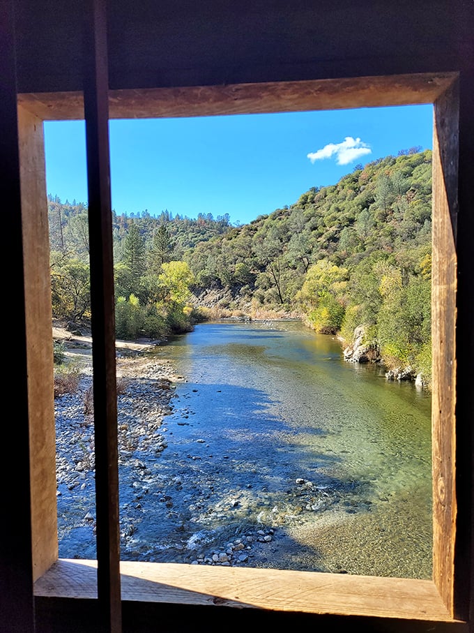 Peering through the bridge's window reveals the South Yuba River's crystal-clear waters. Nature's television screen, no subscription required.