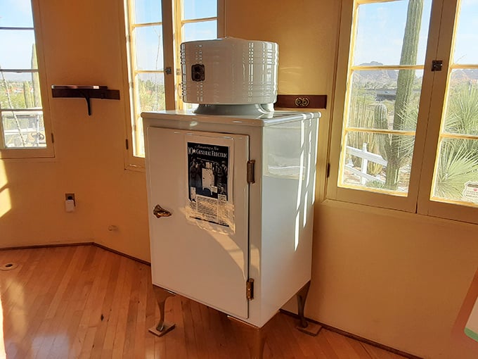 This vintage refrigerator stands as a cool reminder of early 20th-century luxury, when modern appliances in the desert were worth showing off.
