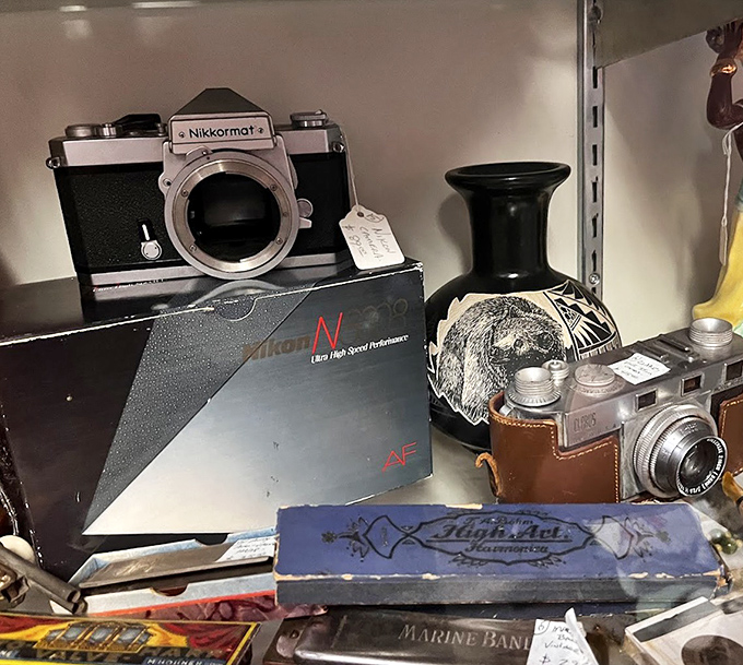 Nikkormat meets nostalgia in this display of vintage cameras, from a time when photography required patience, skill, and a darkroom.