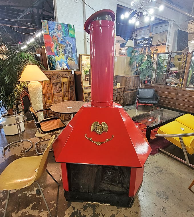 This cherry-red vintage fireplace isn't just a heat source&mdash;it's the statement piece that would make Don Draper nod in approval.