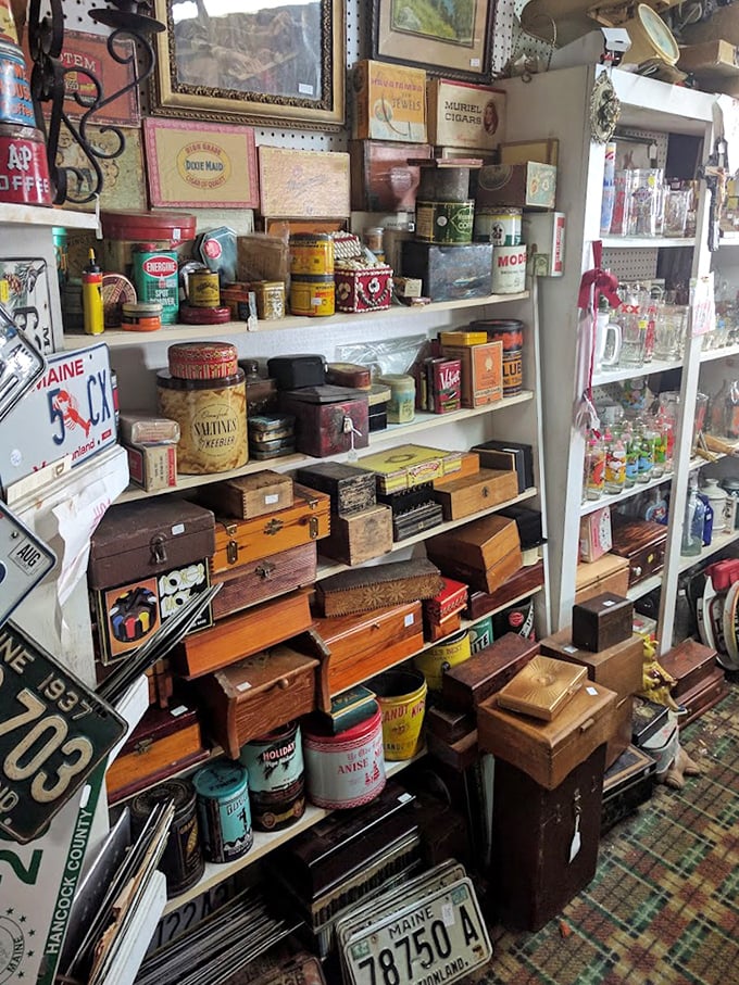 Vintage tins and wooden boxes – each one a time machine disguised as storage, waiting to transport your knick-knacks back to simpler times.