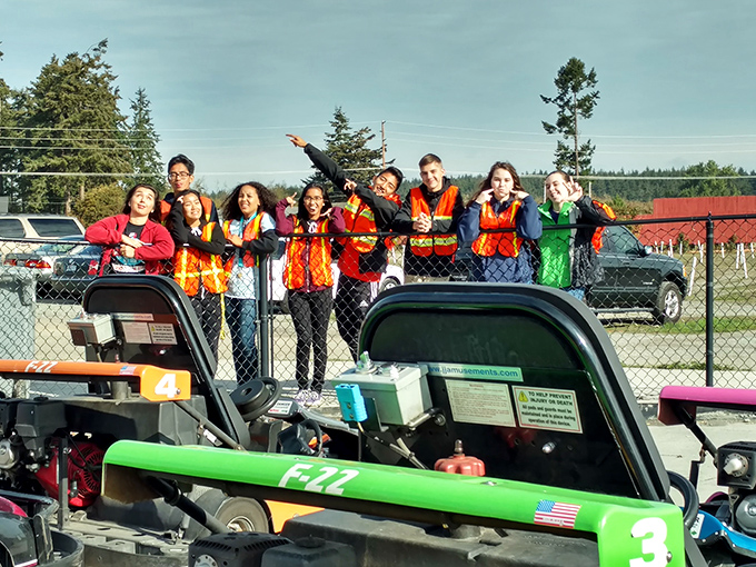 Safety vests and go-karts mean the fun starts long before the opening credits roll at this entertainment complex.
