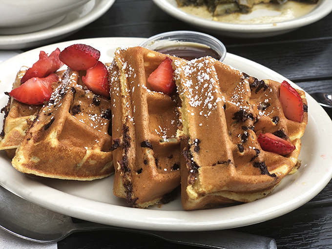 Waffles that make pancakes feel insecure. Golden pockets cradle fresh strawberries while powdered sugar falls like the gentlest snowstorm Florida will ever see.