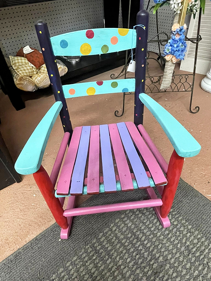 This whimsical rocking chair didn't just get painted—it got personality! Perfect for a child's room or that friend who refuses to grow up completely.