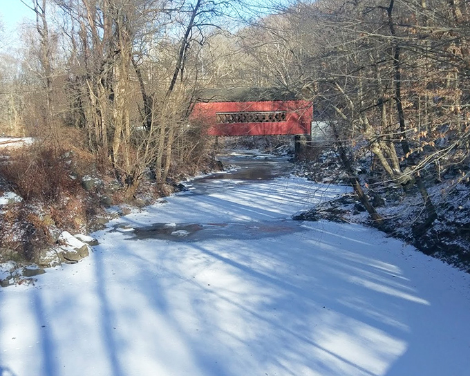 Winter transforms Wooddale Bridge into a scene worthy of a holiday card&mdash;the red structure popping dramatically against a snow-covered landscape.