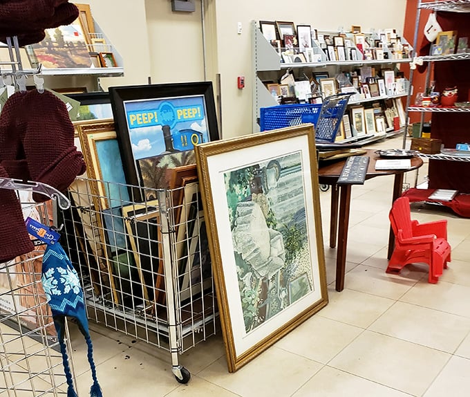 Art in waiting: Yesterday's framed memories become tomorrow's conversation pieces. That "PEEP" sign promises visual intrigue for the right buyer.