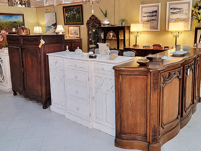 Sideboards that have witnessed decades of family dinners stand ready for their next chapter&mdash;white-painted charm meets rich wood tradition.