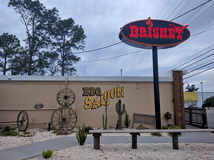 Brisket's western-themed exterior sets the mood for Texas-style barbecue. Where wagon wheels and wood paneling telegraph smoky promises.