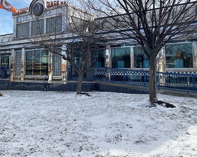 Broadway Diner's gleaming silver exterior shimmers against a winter landscape &ndash; a chrome-plated time machine serving breakfast 24/7.