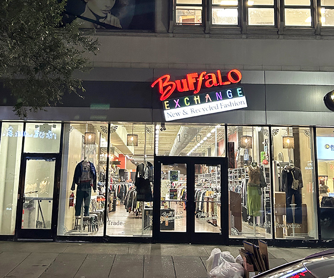 Buffalo Exchange glows with urban sophistication after dark. This isn't thrifting&mdash;it's "curated vintage shopping" for the fashion-forward.