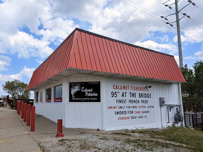 Calumet Fisheries' humble white building with the red roof. Proof that James Beard Awards don't care about fancy tablecloths.
