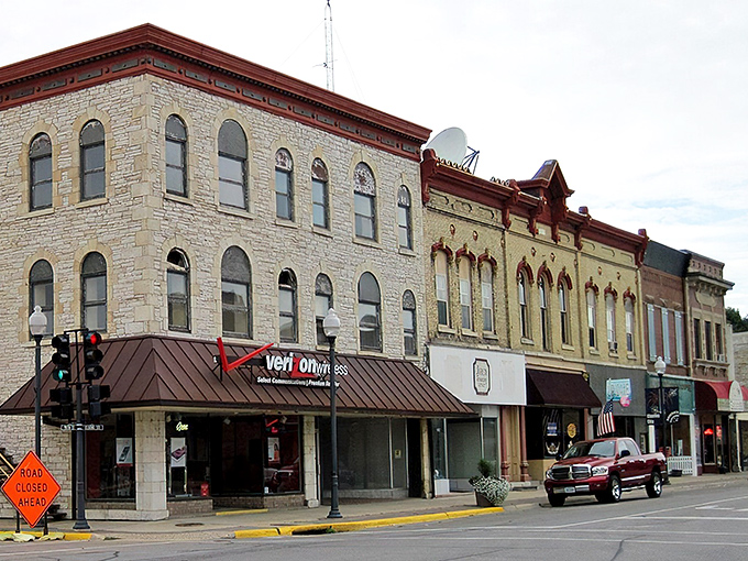 Charles City's colorful downtown buildings brighten even the cloudiest day. This street scene captures small-town Iowa at its most charming.