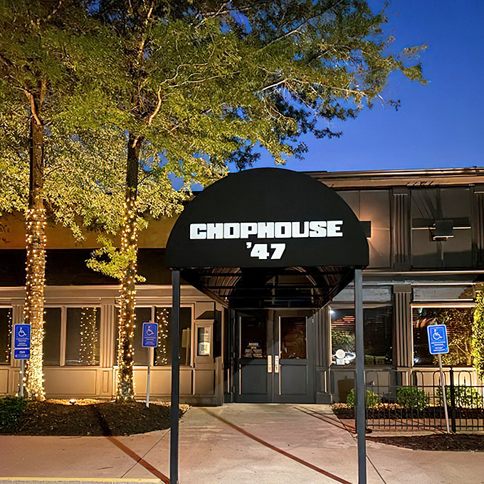 Chophouse '47's dramatic entrance and awning create an air of old-school steakhouse glamour in the heart of Greenville.