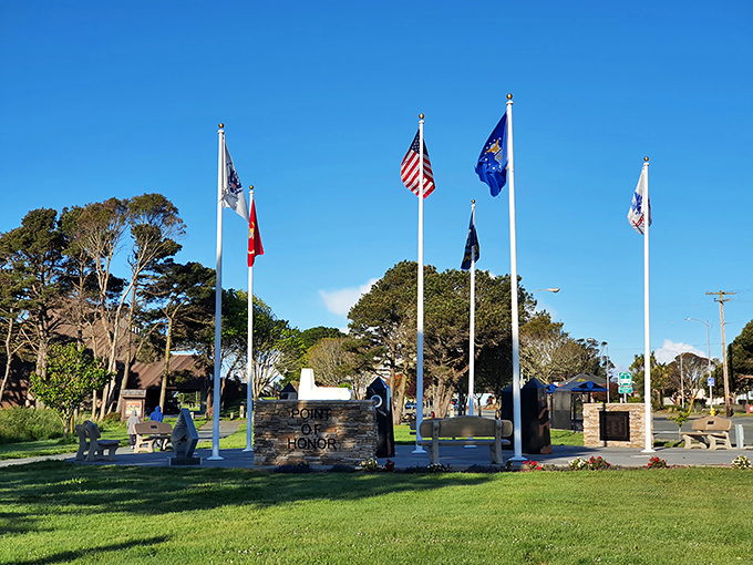Crescent City's Field of Honor pays tribute with flags standing tall. A peaceful moment of reflection by the Pacific.