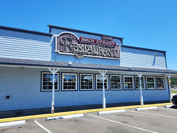 Don's Main Street Restaurant's classic signage promises family dining in a building substantial enough to withstand coastal storms and hearty appetites.