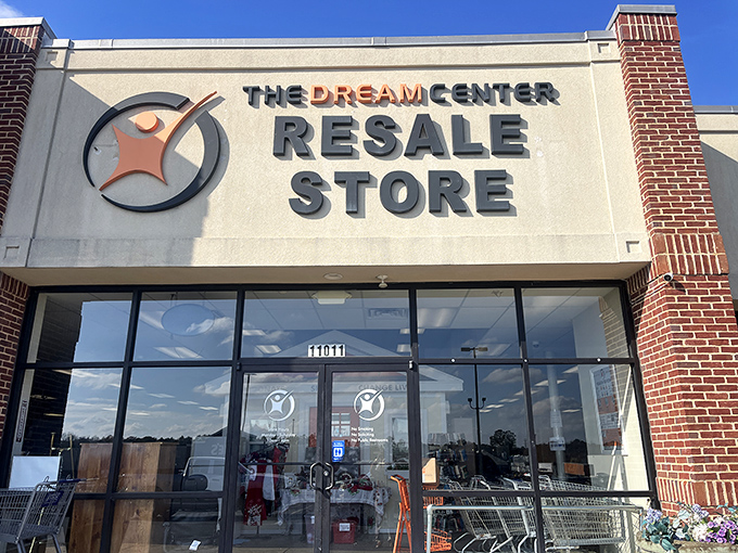 The Dream Center Resale Store stands proud against blue skies—a cathedral of secondhand salvation for budget-conscious shoppers.