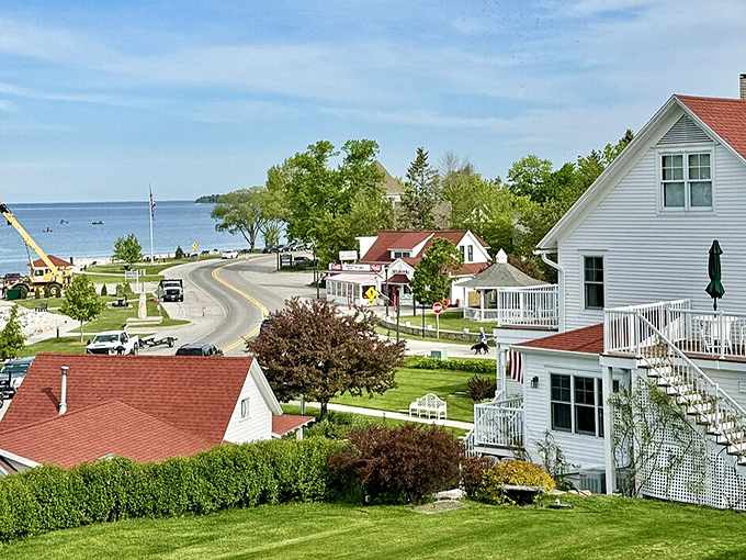 Ephraim's white buildings stand out against the blue waters of Eagle Harbor, creating a scene so picturesque it belongs on a Door County postcard.