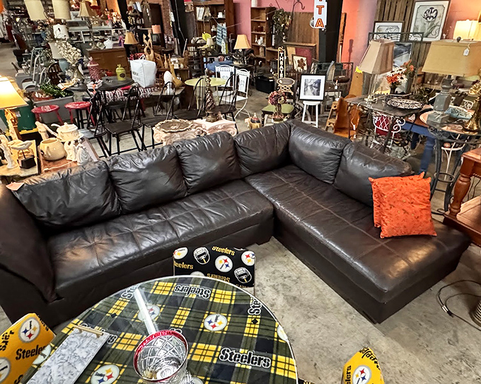 Leather luxury at bargain prices! This section at Family Flea Market proves that sometimes the best home furnishings come with stories attached.