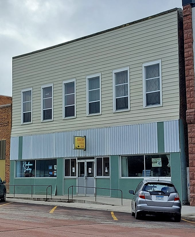 Flandreau Bakery's mint-green storefront brings a touch of retro charm to downtown, much like its classic donut recipes.