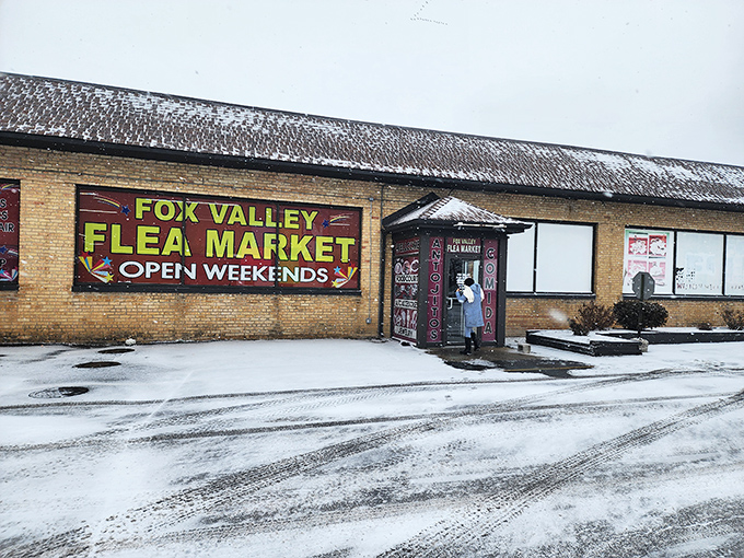 Even in winter's grip, Fox Valley's bright sign beckons to bargain hunters. Some treasures are worth braving the snow!