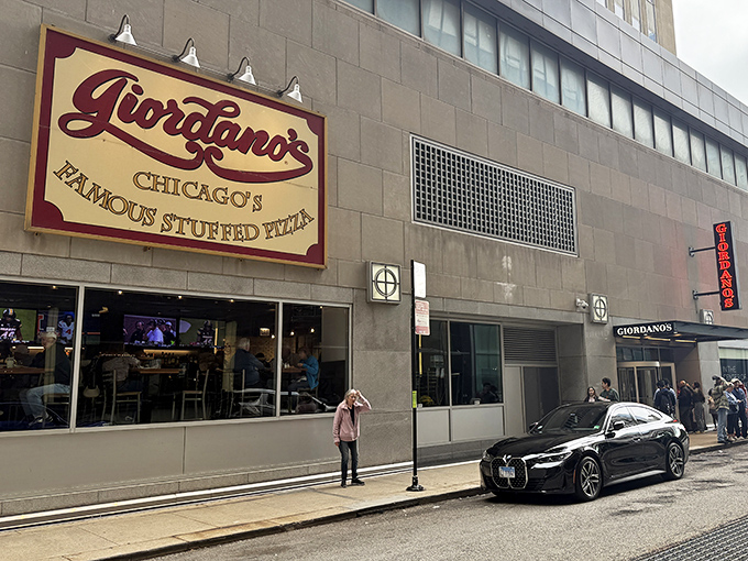 Giordano's downtown location stands proud among skyscrapers &ndash; their stuffed pizza deserves the architectural company.