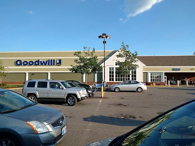 Goodwill's familiar blue sign welcomes bargain hunters to a world of secondhand possibilities.