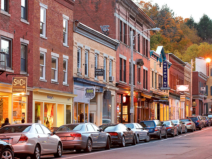 Great Barrington's evening glow transforms ordinary storefronts into something magical, like a movie set come alive.