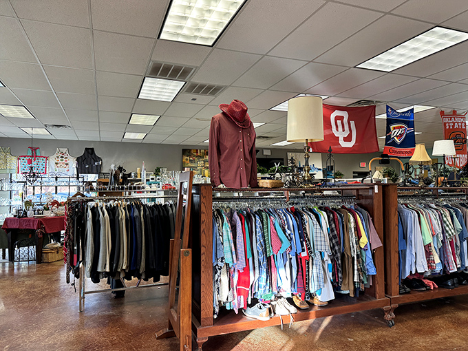 OU and Thunder flags watch over racks of carefully curated clothing &ndash; team spirit meets thrift spirit!