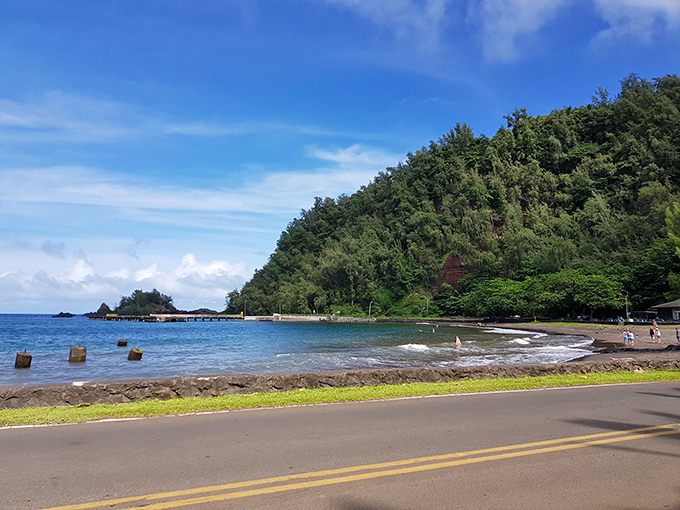 Hāna's coastal curve! Where the road finally exhales after 600 twists and turns, rewarding brave drivers with postcard-perfect views.