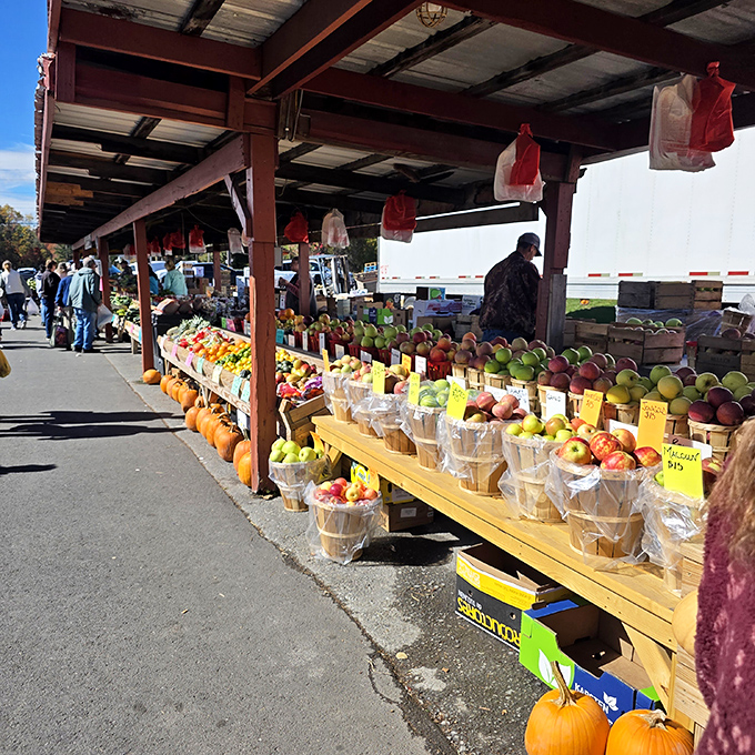 Nature's candy counter! Apples, peaches, and pumpkins create an edible rainbow under the market's rustic wooden shelter.