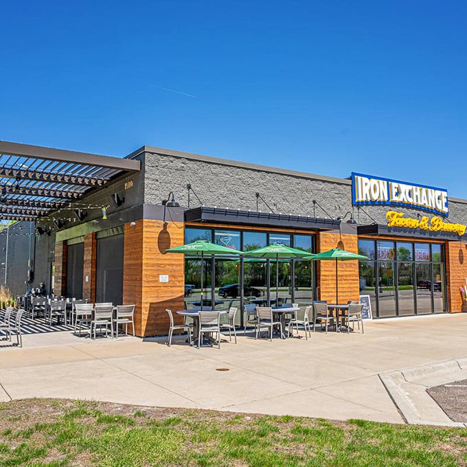 Iron Exchange's modern exterior brings contemporary style to Maple Plain's pizza scene without sacrificing warmth.