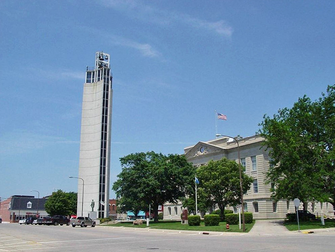 Jefferson's Mahanay Bell Tower reaches skyward like Iowa's answer to Big Ben, minus the crowds and London fog.