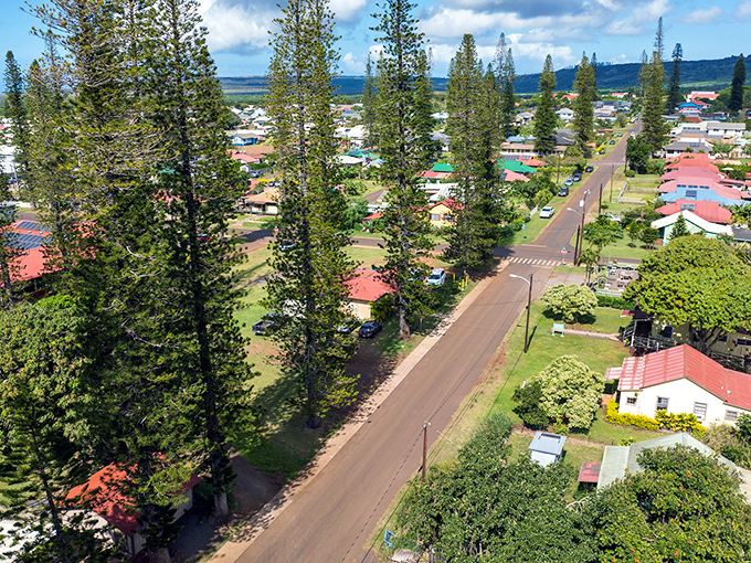 Lāna'i City's charming town center surrounds a grassy square lined with towering Cook pine trees.
