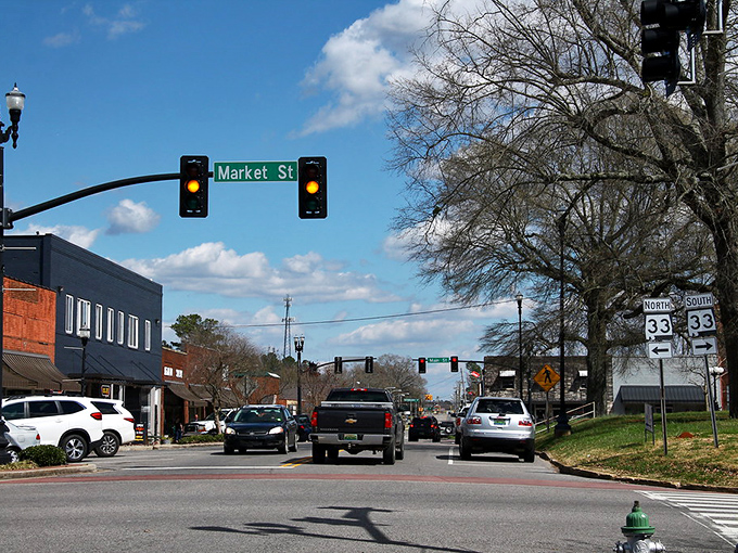 Moulton's charming downtown features historic brick buildings along a wide main street, perfect for leisurely afternoon strolls.
