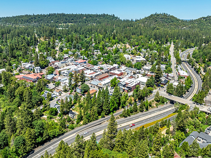 Nestled among pine-covered hills, Nevada City's Victorian buildings stand as colorful reminders of California's golden past.
