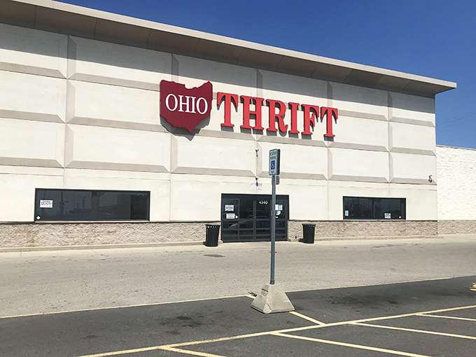 Ohio Thrift's stark white building stands like a blank canvas waiting for your decorating dreams. That red sign means business.