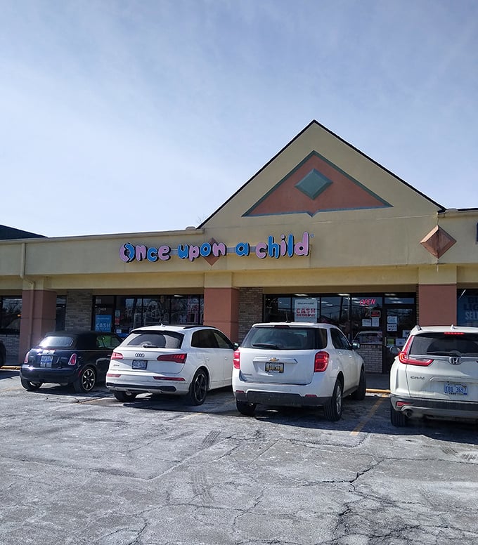 Once Upon A Child's playful signage hints at the kid-focused treasures inside this specialized thrift store.