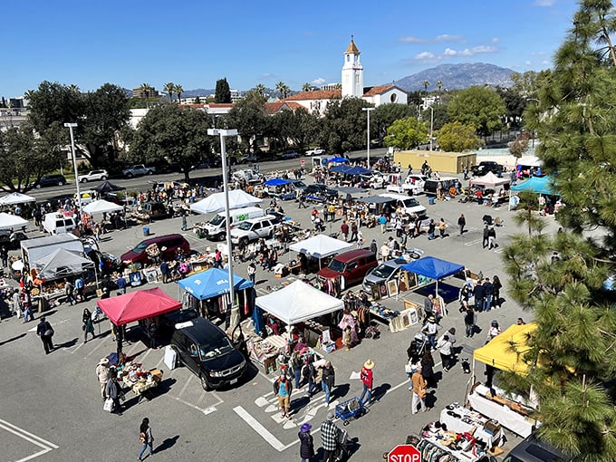 PCC Flea Market's orderly rows of white tents create a civilized treasure hunt under Pasadena's perfect blue skies.